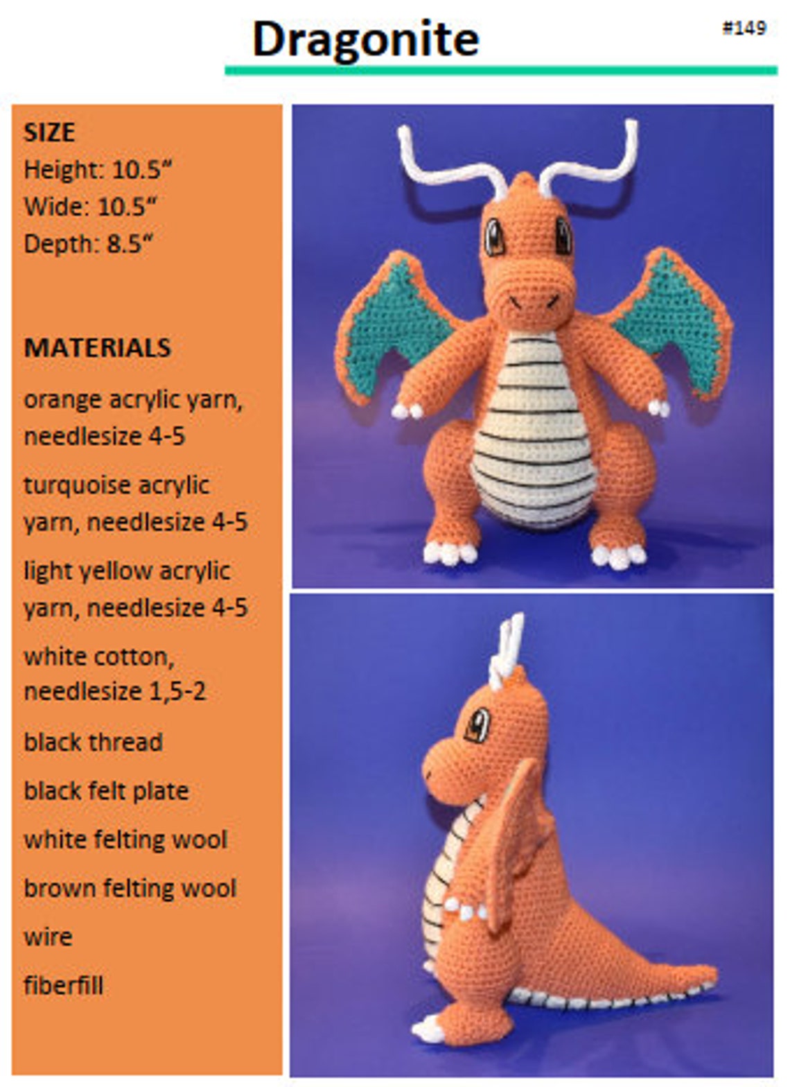 Dragonite Crochet Pattern Amigurumi PDF File GERMAN and | Etsy