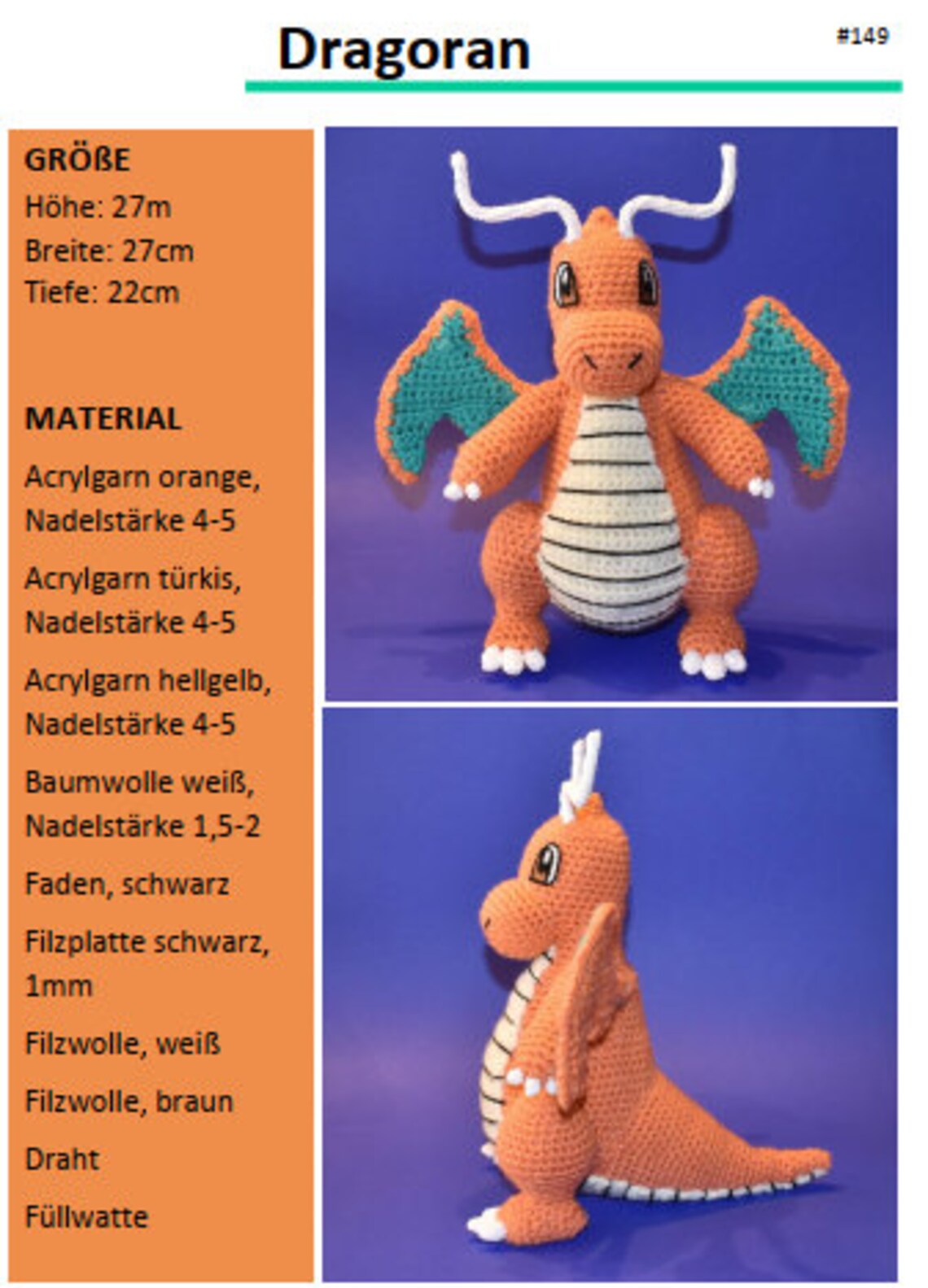 Dragonite Crochet Pattern Amigurumi PDF File GERMAN and | Etsy