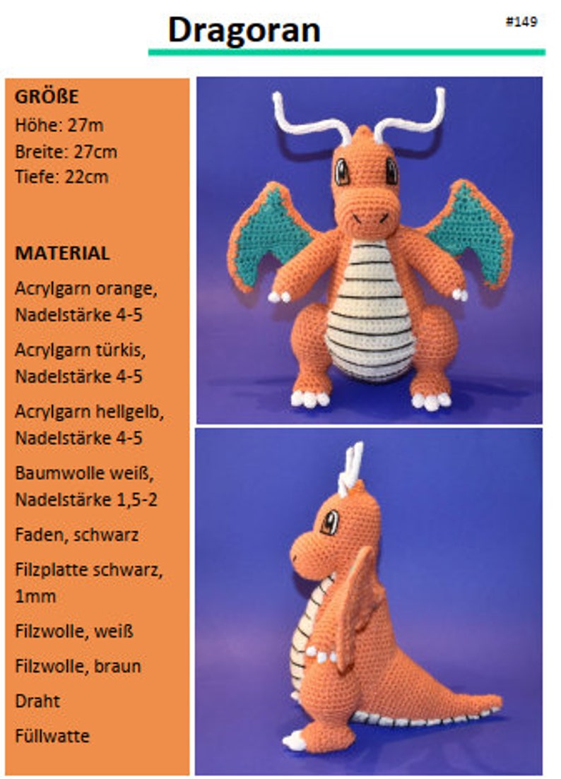 Dragonite Crochet Pattern Amigurumi PDF File GERMAN and | Etsy
