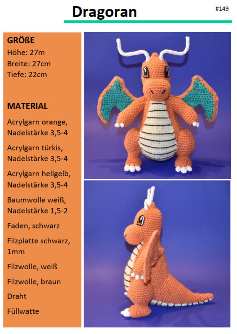 Dragonite Crochet Pattern Amigurumi PDF File GERMAN and - Etsy