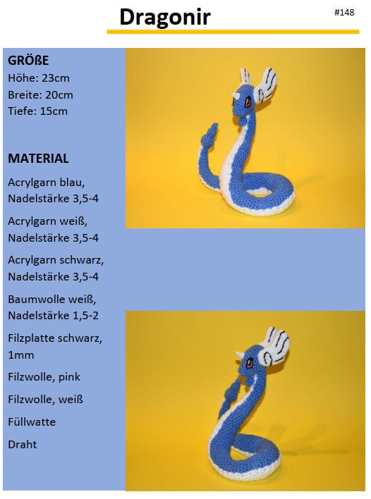 Dragonair Crochet Pattern Amigurumi PDF File GERMAN and | Etsy
