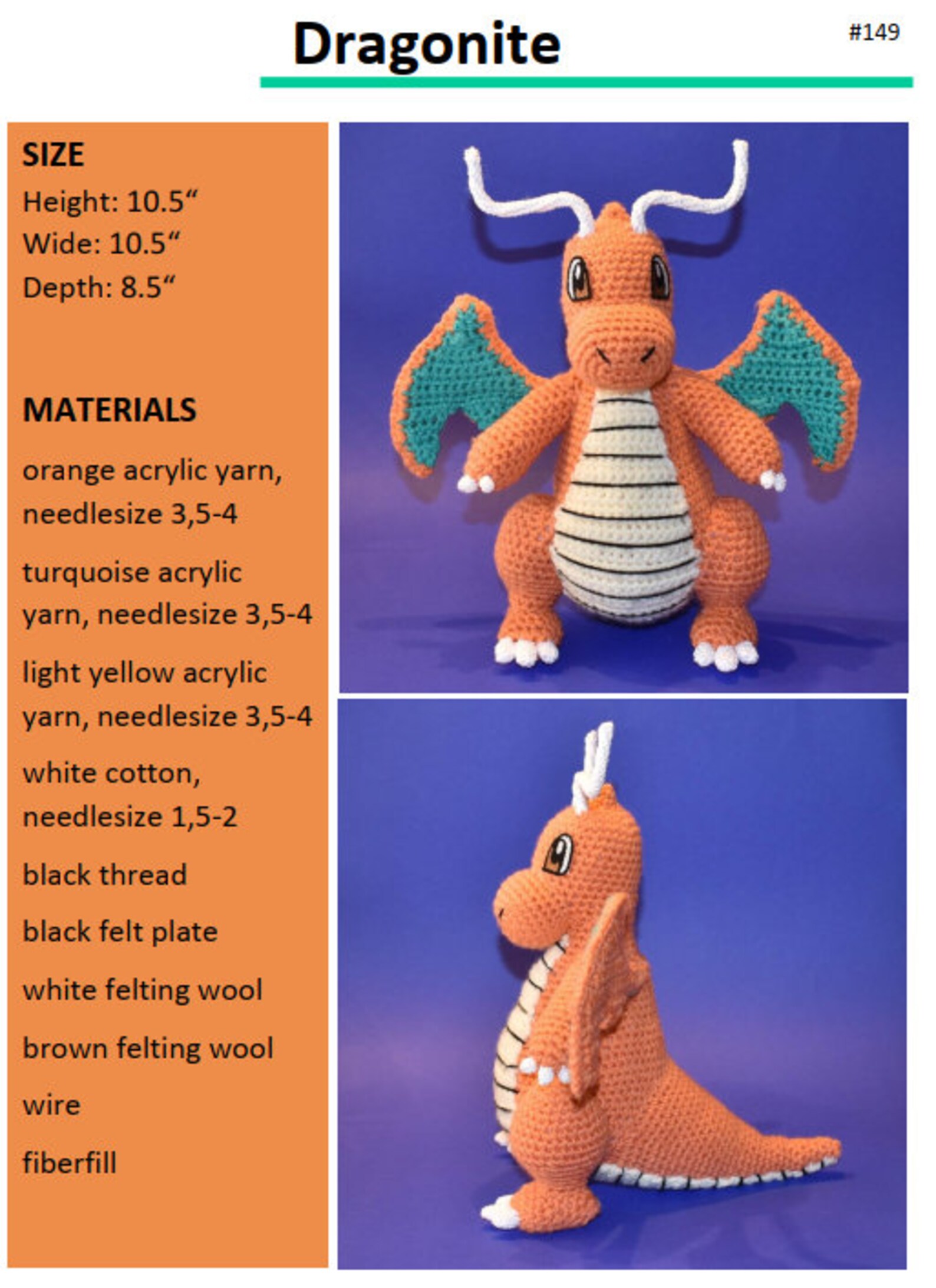 Dragonite Crochet Pattern Amigurumi PDF File GERMAN and - Etsy