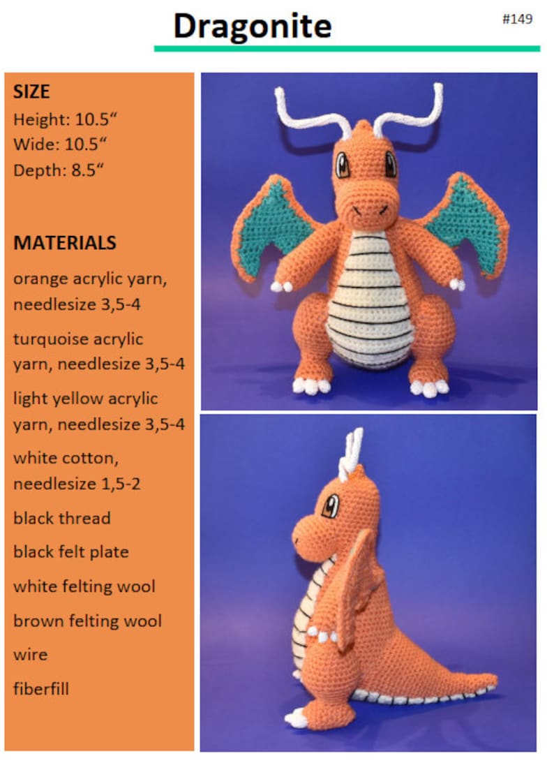 Dragonite Crochet Pattern Amigurumi PDF File GERMAN and - Etsy