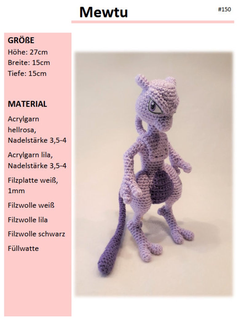 Mewtwo Crochet Pattern Amigurumi PDF File GERMAN and - Etsy