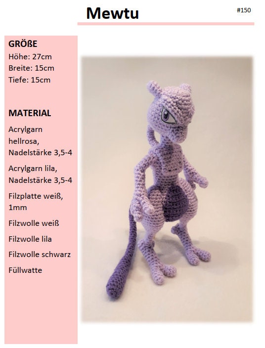 Mewtwo Crochet Pattern Amigurumi PDF File GERMAN and - Etsy UK