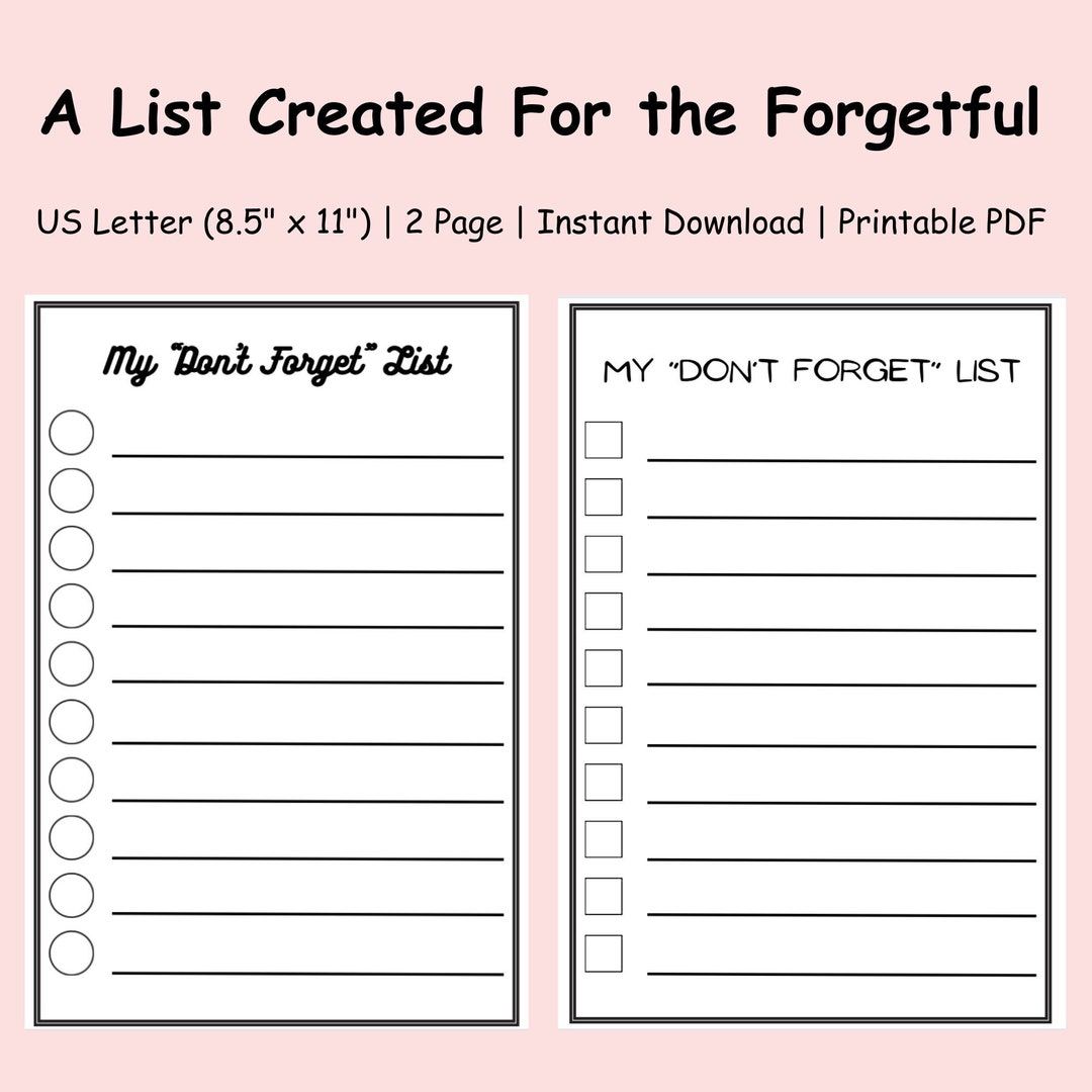Printable to Do List Checklist Don't Forget List Grocery List PDF ...
