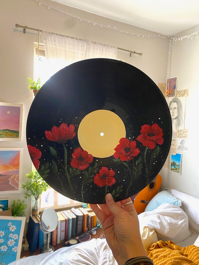 Red Poppy Hand Painted Vinyl Record - Etsy