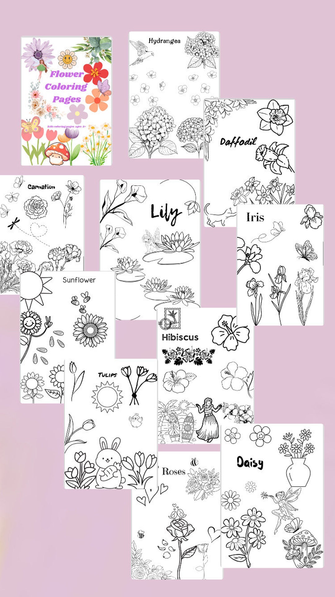 10 Page Downloadable Printable Flower Theme Coloring Pages for Early ...
