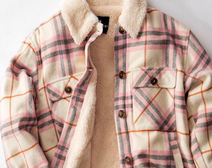 Cream Blush Plaid Shacket With Sherpa Fleece Lining. Warm Women's ...