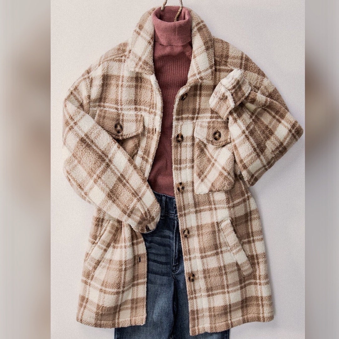 Plaid Sherpa Boyfriend Shacket With Pockets. Cozy Chic Soft Warm. Long ...
