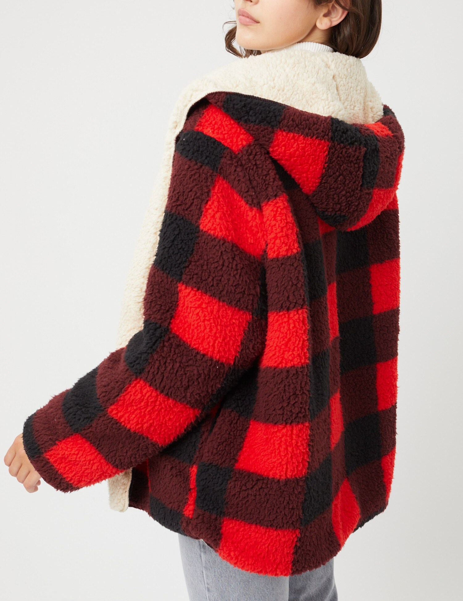 2 Tone Plaid & Solid Hooded Reversible Sherpa Sweater Shacket - Etsy