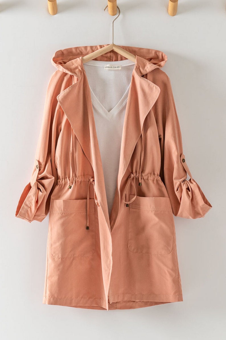 Hooded Lightweight Parka Jacket Roll up Tab Sleeve Casual Women's Lapel ...
