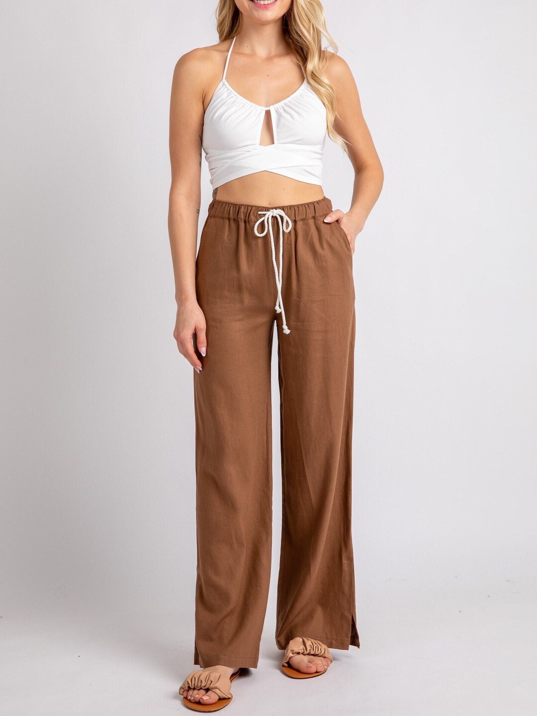 Drawstring Linen Blend Pants Wide Leg Elastic Waistband Brown Lilac ...