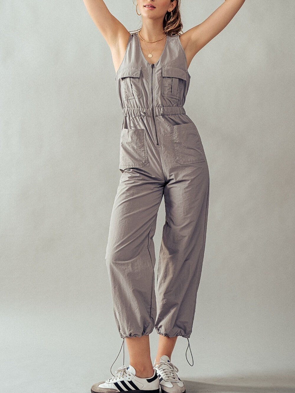 V-neck Zip-up Midi Jumpsuit - Sleek and Functional Spring Summer Style ...