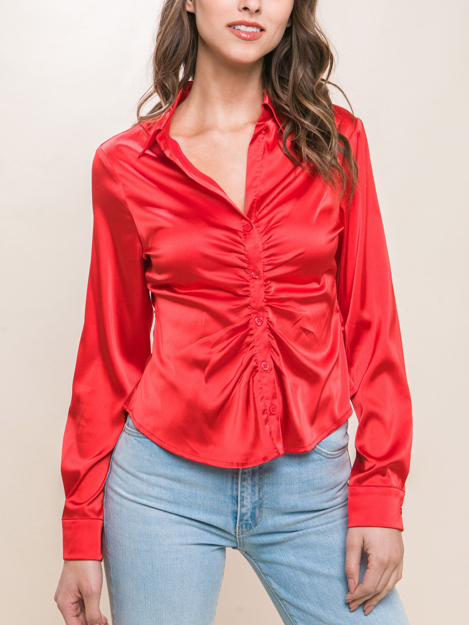 Ruched Button up Satin Blouse. Placket Front Detail Long Sleeves, Low ...