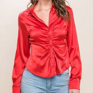 Ruched Button up Satin Blouse. Placket Front Detail Long Sleeves, Low ...