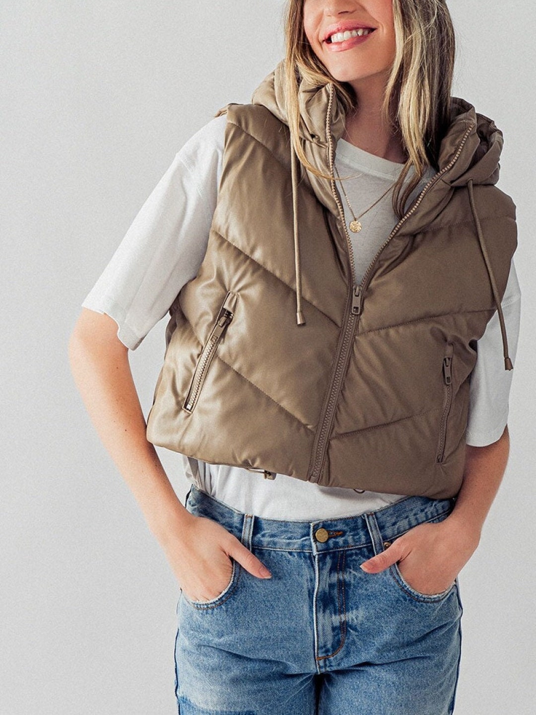 Faux Leather Hooded Puffer Vest - Chic Cozy Outerwear, Side Pockets ...