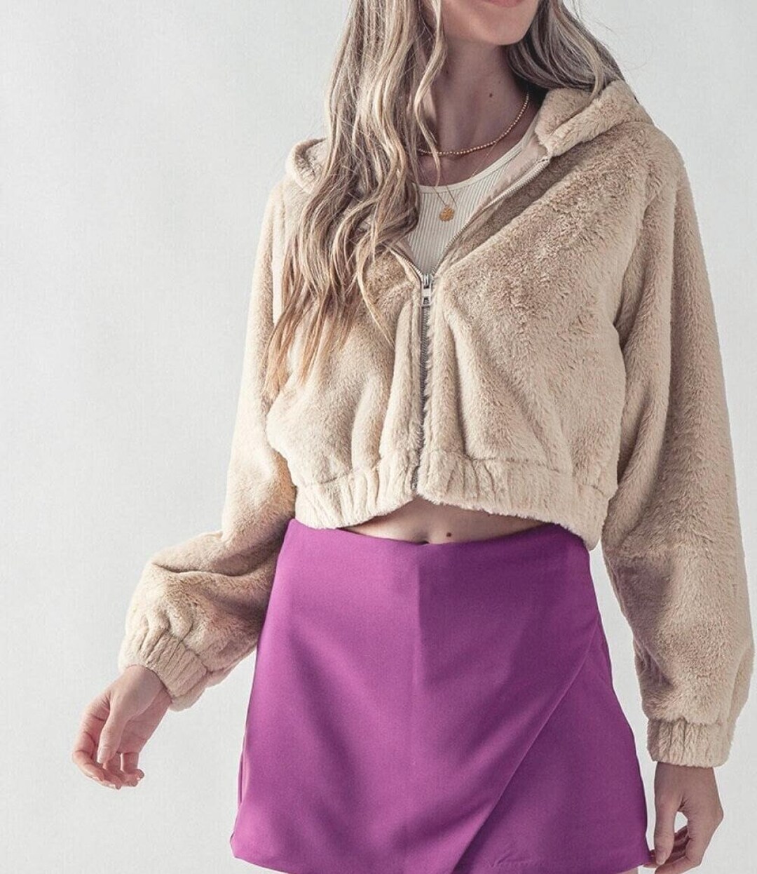 Hooded Crop Faux Fur Jacket - Zip Up, Side Pockets, Soft Cozy Plushy ...