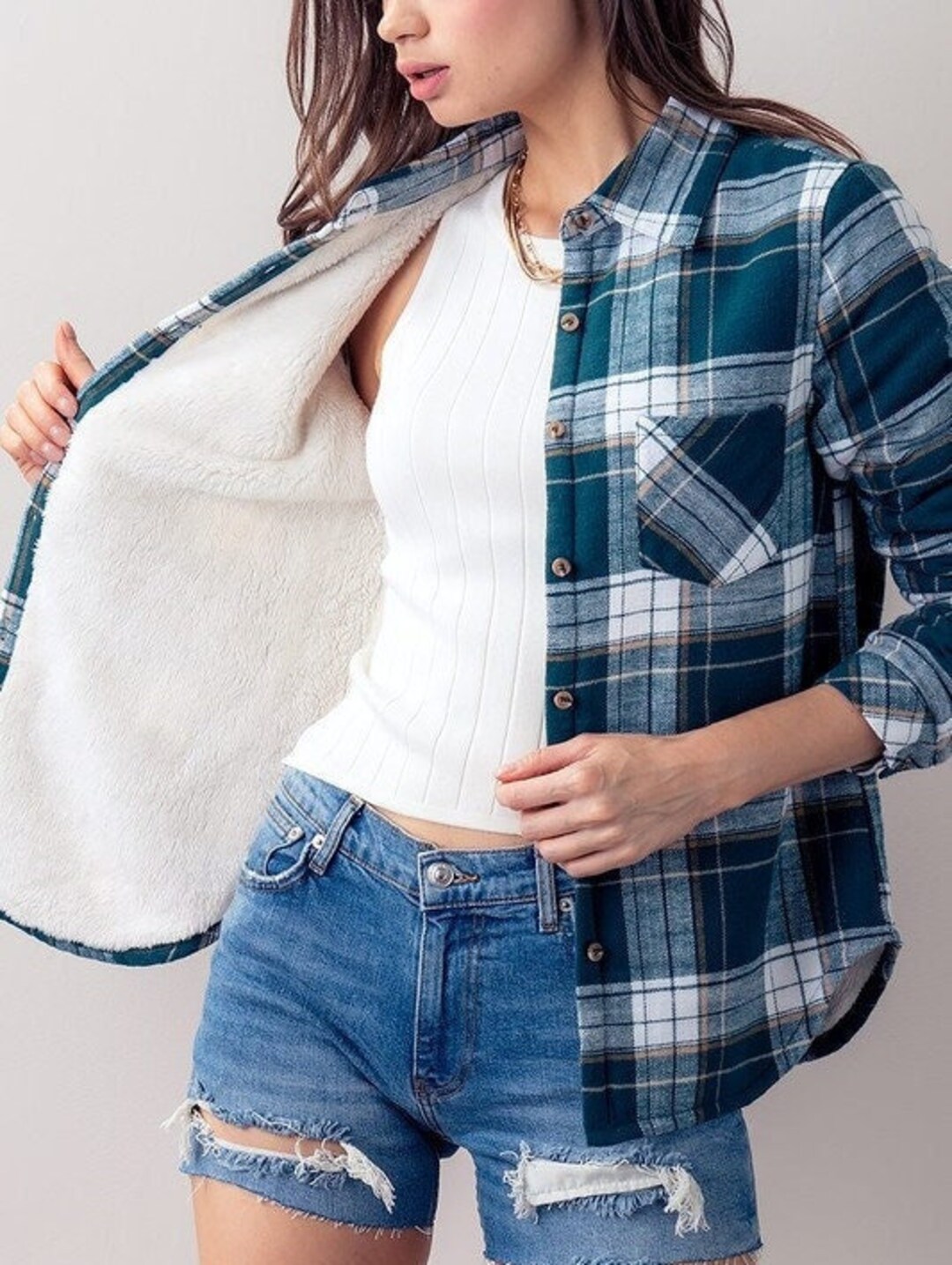 Cozy Emerald Green Plaid Shacket With Sherpa Lining Premium - Etsy