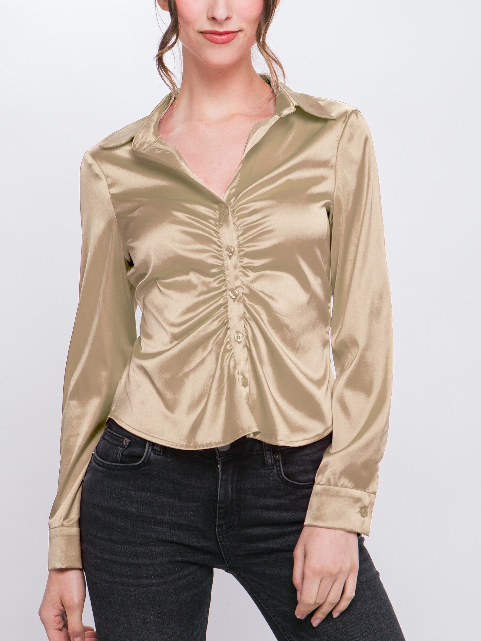 Ruched Button up Satin Blouse. Placket Front Detail Long Sleeves, Low ...