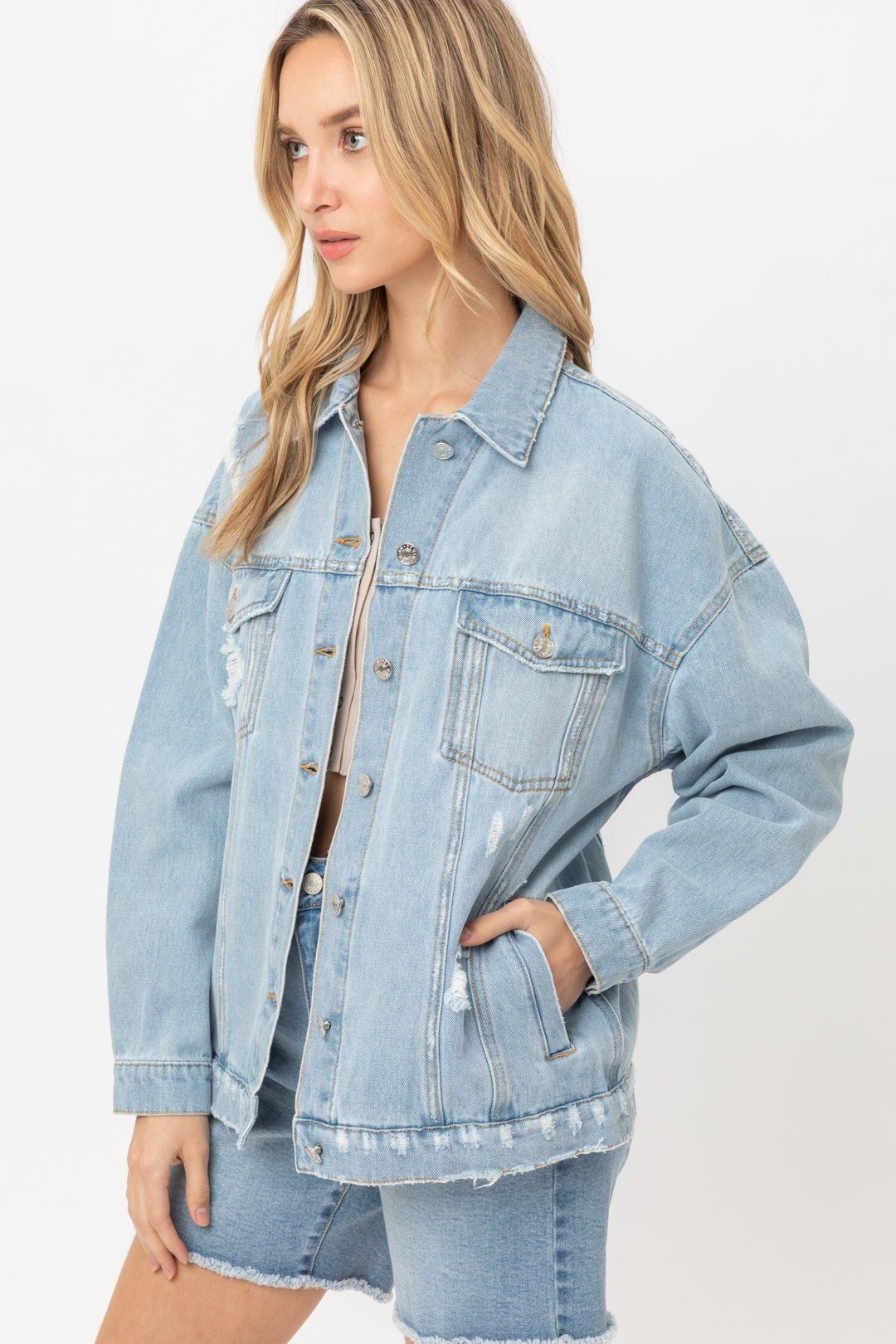 Oversized Vintage Distressed Denim Jacket. Casual Basic Jean Jacket ...
