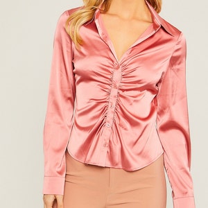 Ruched Button up Satin Blouse. Placket Front Detail Long Sleeves, Low Collar, Silky Shiny Dress ...