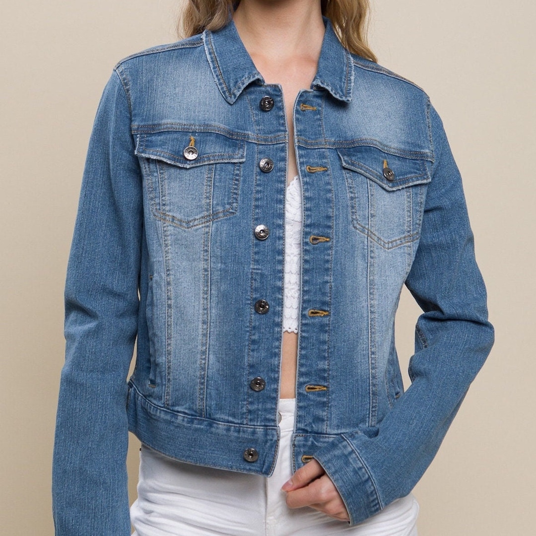 Short Denim Jacket Stretchy Washed Jean Silver Buttons Pockets Basic ...