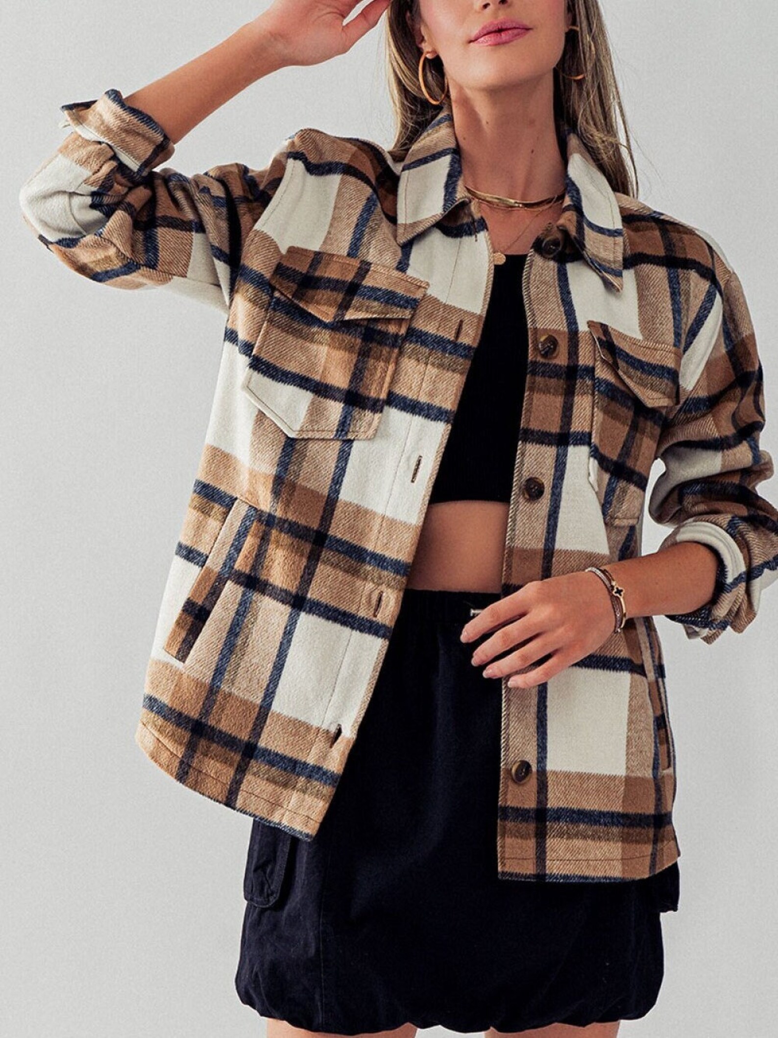 Full Length Button-up Shirt Jacket - Flannel Shacket, Side and Front ...