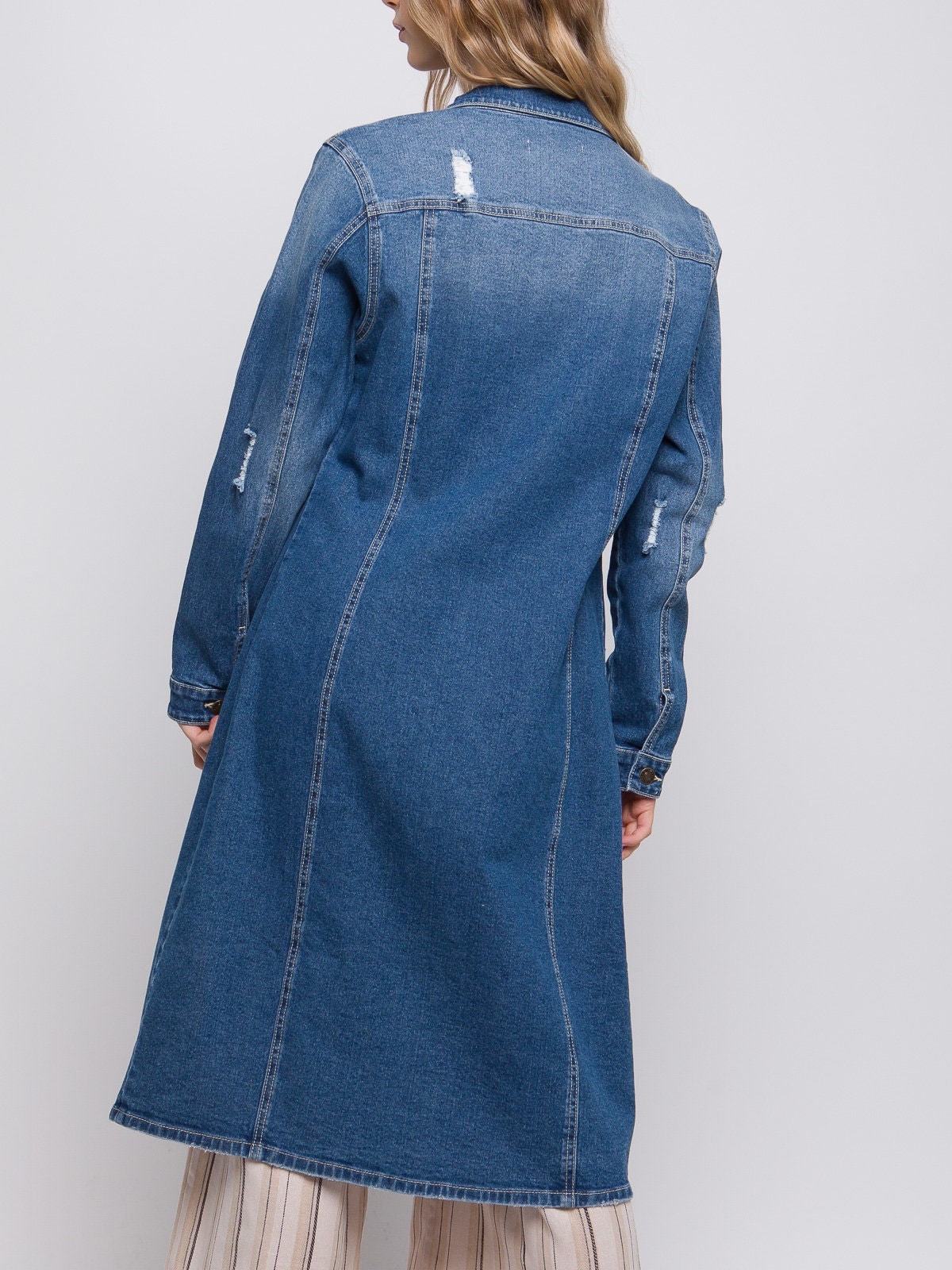 Distressed Long Denim Button up Jacket * Jean Duster Coat * Western ...