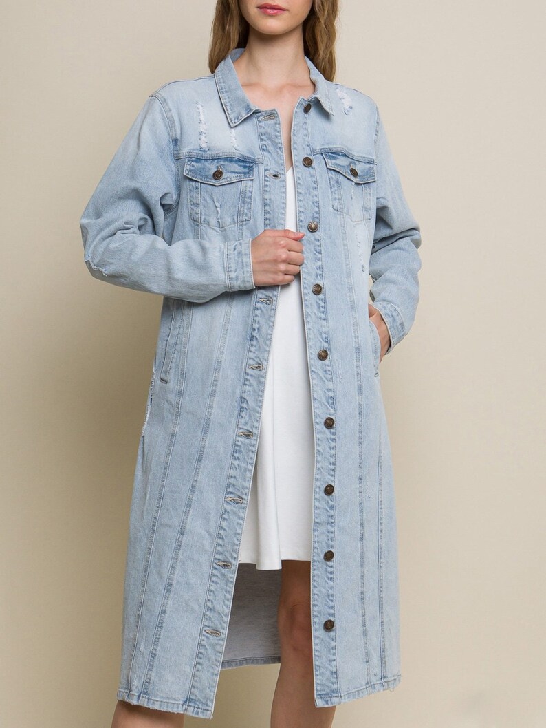 Distressed Long Denim Button up Jacket * Jean Duster Coat * Western ...