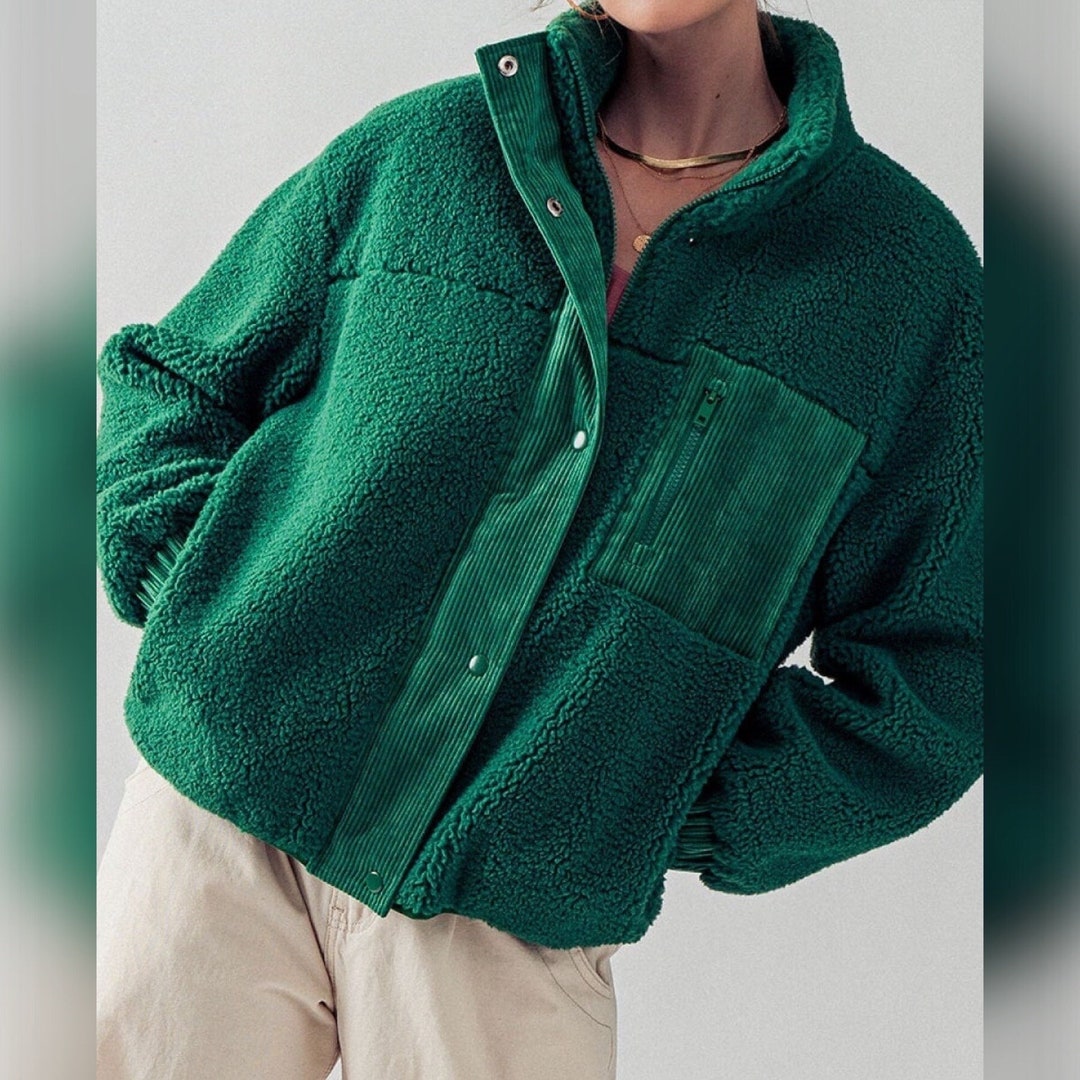 Sherpa Puffer Jacket, Corduroy Contrast, Zipper Snap Closure, Full ...