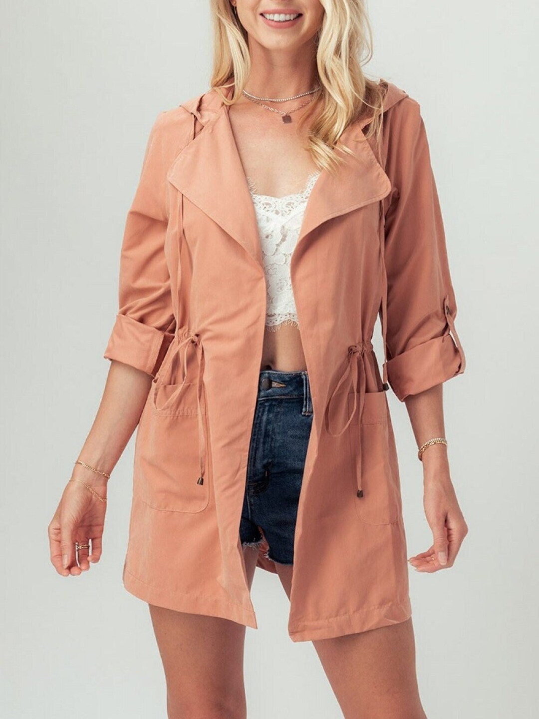 Hooded Lightweight Parka Jacket Roll up Tab Sleeve Casual - Etsy