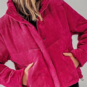 Corduroy Puffer Jacket With Hidden Button and Zipper Closure - Cozy ...