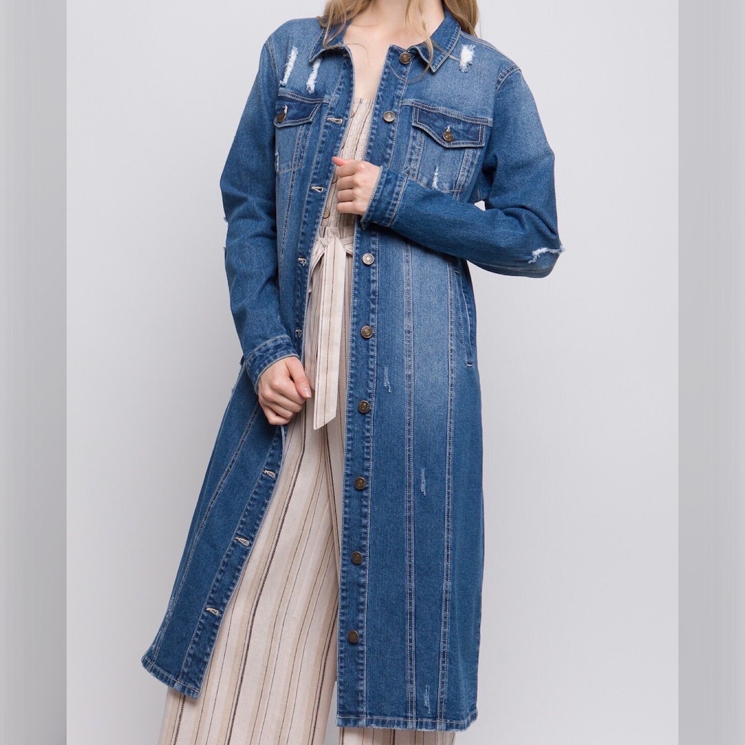 Distressed Long Denim Button up Jacket Jean Duster Coat - Etsy