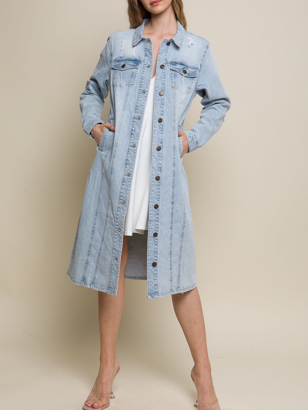 Distressed Long Denim Button up Jacket * Jean Duster Coat * Western ...