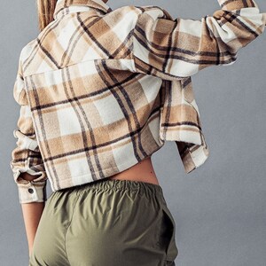 Snap Button Cropped Plaid Shacket, Cozy and Chic, Thick Fleece, Chest ...