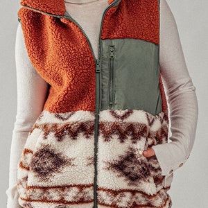 Cozy Sherpa Long Zip up Vest, Solid Aztec Print Combo, Side and Left ...