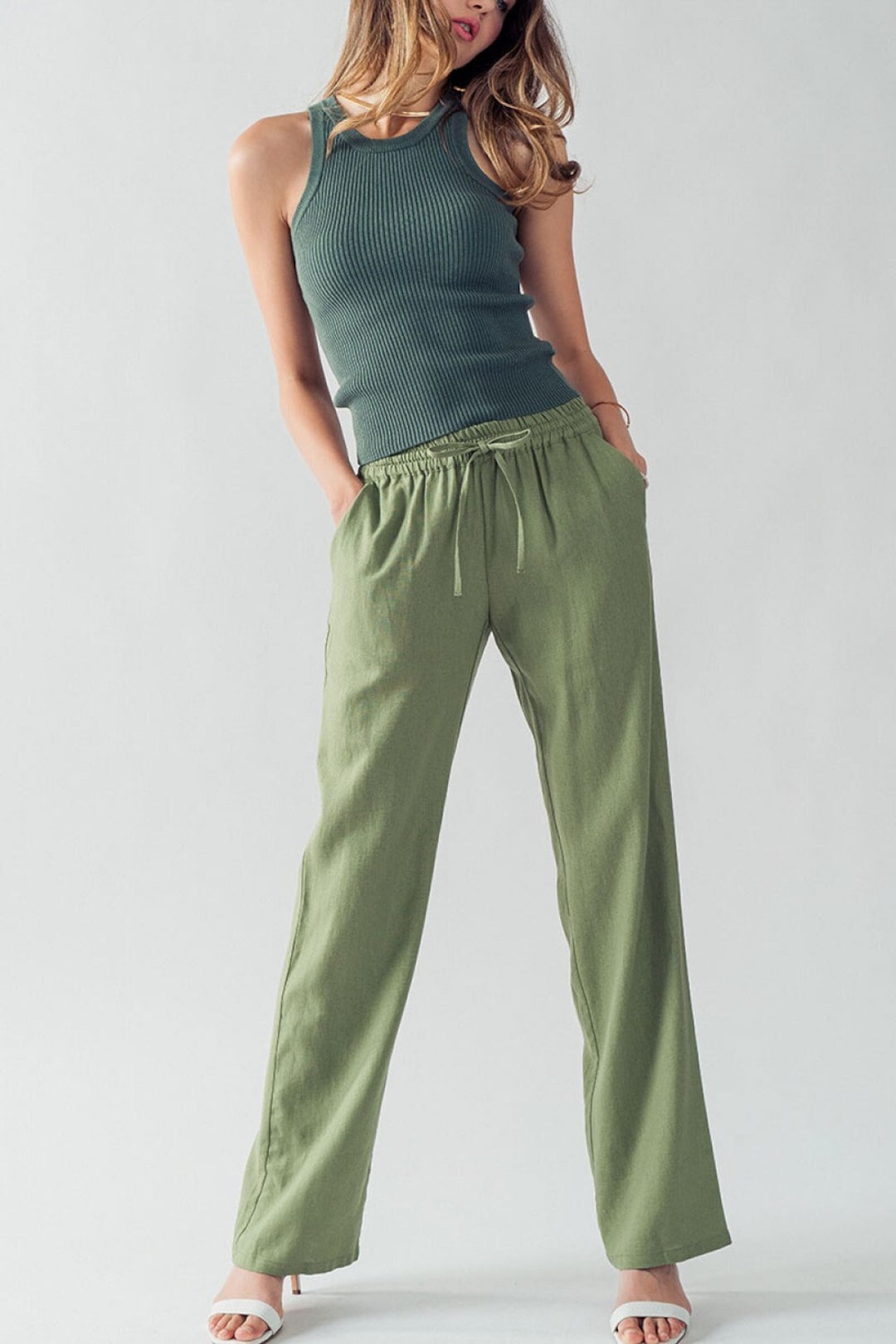 Linen Blend Drawstring Pants Mid Rise Straight Leg. Casual - Etsy