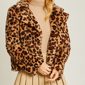 Cozy Leopard Print Faux Fur Teddy Jacket, Side Pockets, Soft and Fuzzy ...