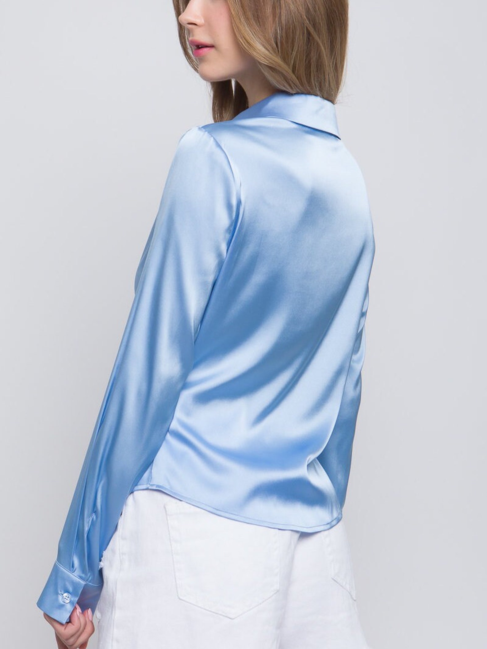Ruched Button up Satin Blouse. Placket Front Detail Long Sleeves, Low ...