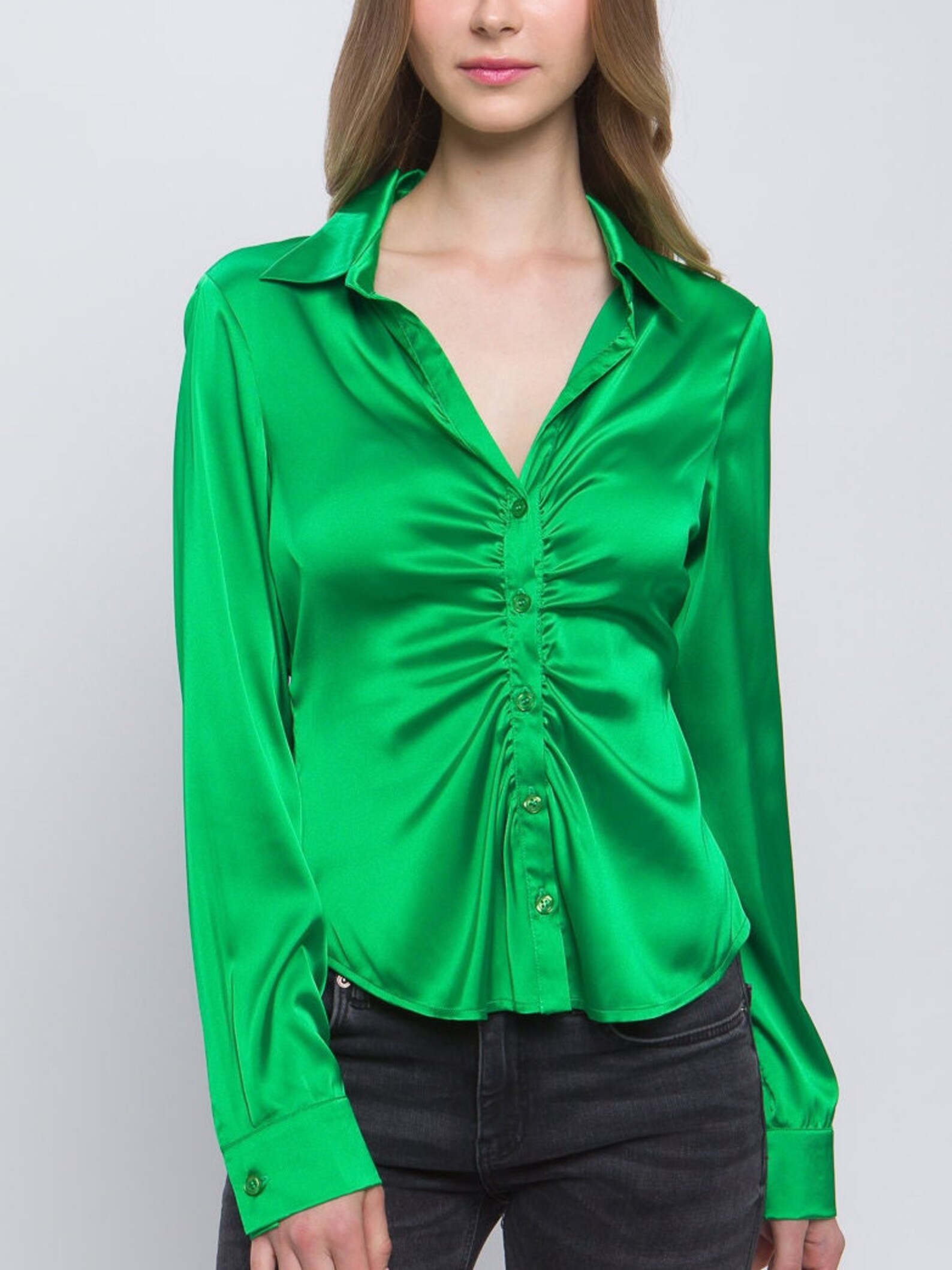 Ruched Button up Satin Blouse. Placket Front Detail Long Sleeves, Low ...
