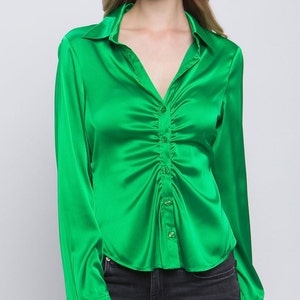 Ruched Button up Satin Blouse. Placket Front Detail Long Sleeves, Low ...