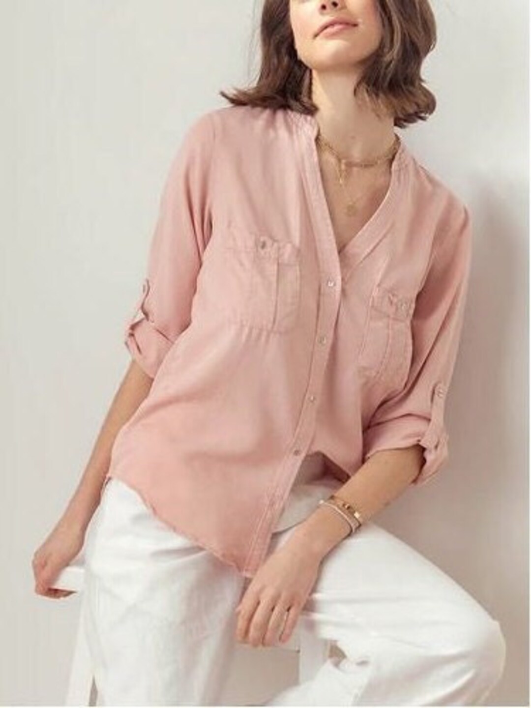 Collarless Roll Tab Sleeve Button up Denim Shirt. Split Neck Soft Jean ...