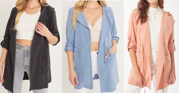 Hooded Lightweight Parka Jacket Roll up Tab Sleeve Casual - Etsy