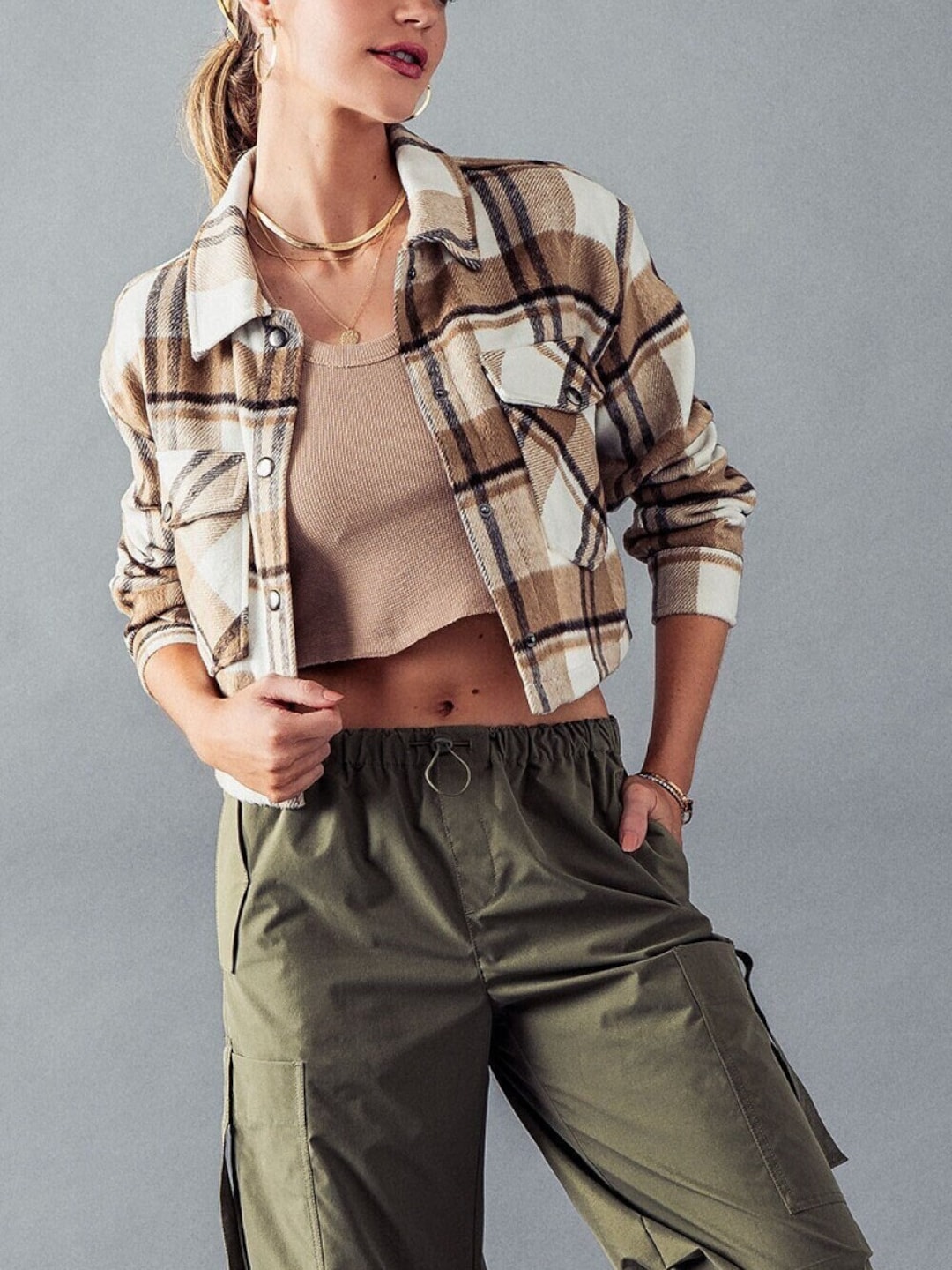 Snap Button Cropped Plaid Shacket, Cozy and Chic, Thick Fleece, Chest ...