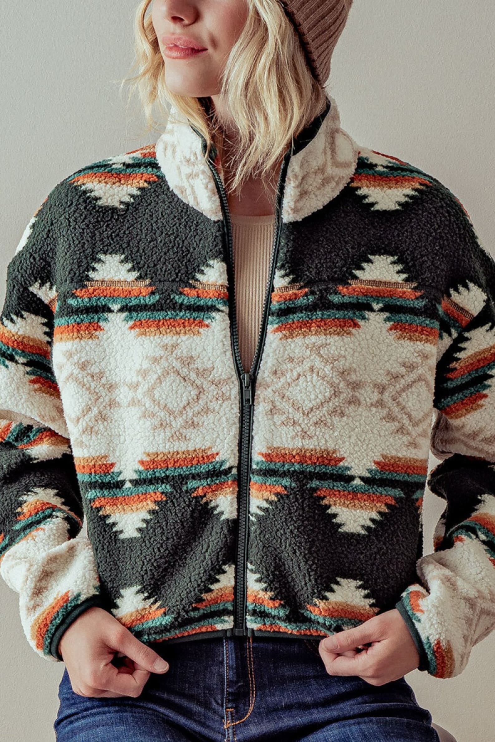 Cozy Tribal Print Sherpa Zip-up Short Jacket, Cropped Cardi Side Hdden ...