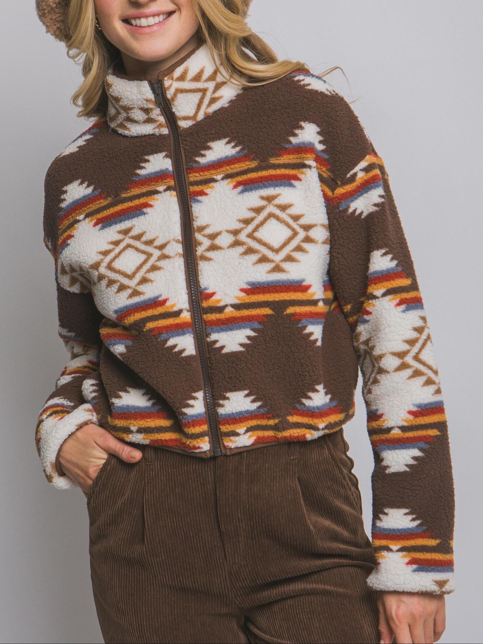 Cozy Tribal Print Sherpa Zip-up Short Jacket, Cropped Cardi Side Hdden ...
