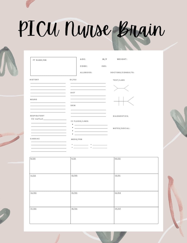 Picu/peds Nurse Brain Report Sheet - Etsy