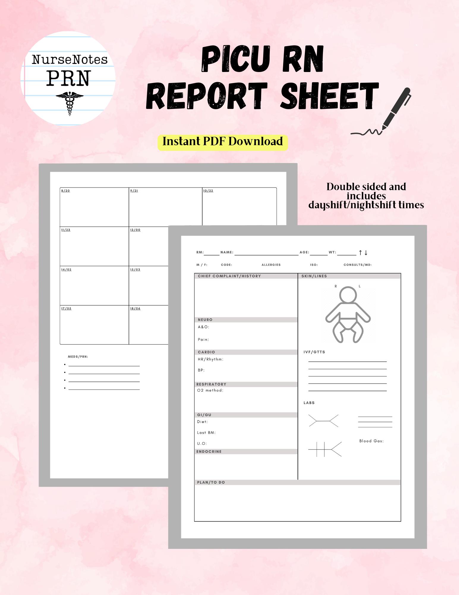 Picu/peds Nurse Brain Report Sheet - Etsy