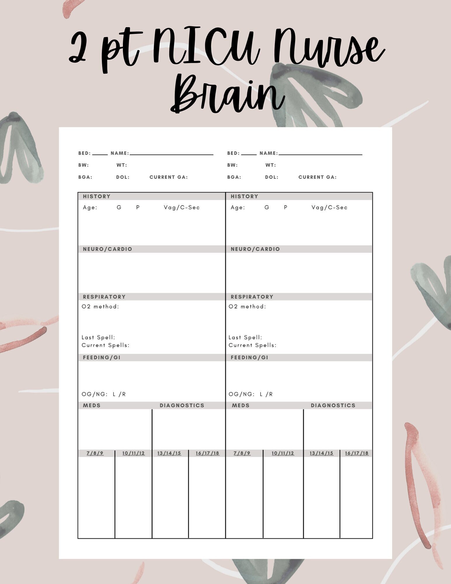 2 Patient NICU Nurse Brain Report Sheet - Etsy